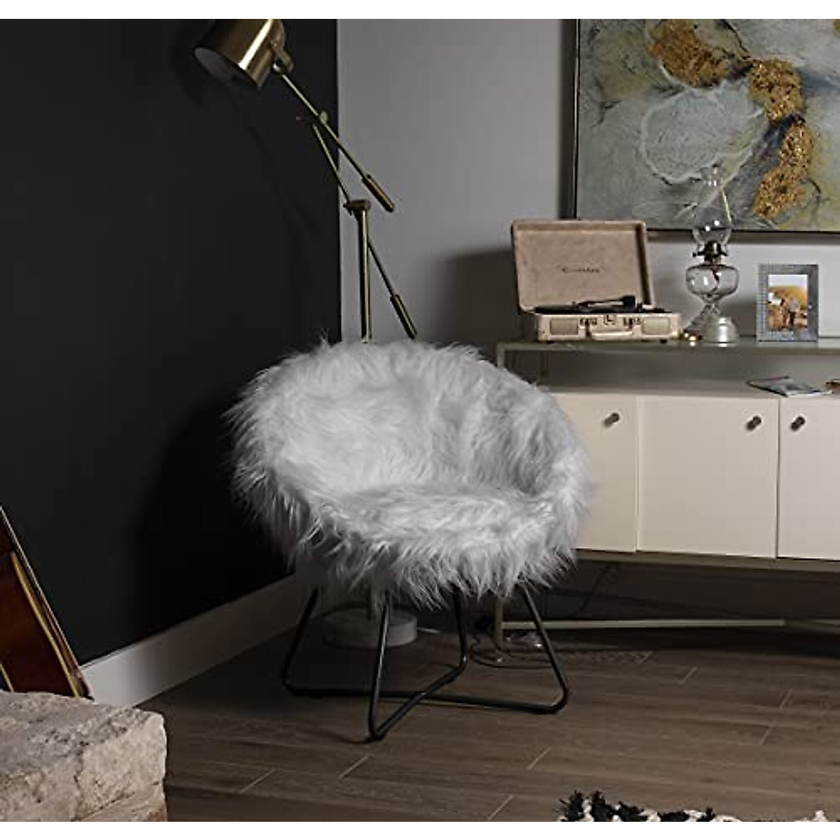 BIRDROCK HOME Grey Faux Fur Papasan Chair with Black Legs - Kids Bedroom Moon Chair - Comfy Wide Cushion Seat - Living Room Saucer - Metal - Fluffy Round Seat - Circle