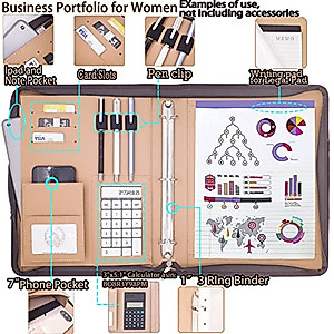 ECEIRO Leather Portfolio Ring Binder - Three Ring Binder Organizer Zippered Padfolio Folder Portfolio Organizer with Hidden Handle Cute Office Leather Binder - Gifts Supplies for Women