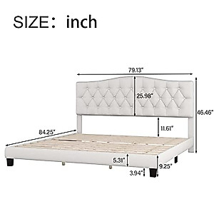 King Size Linen Upholstered Platform Bed Frame with Tufted Headboard for Boys Girls Teens Adults, Noise Free, No Box Spring Needed, Under Bed Storage (King)