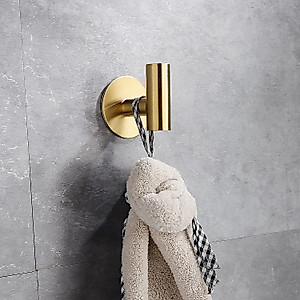 Zuvky Adhesive Wall Hooks - 2 Pack Stainless Steel Towel Hooks for Bathrooms, Kitchen, Livingroom, Office, Garage, Hotel (Gold)