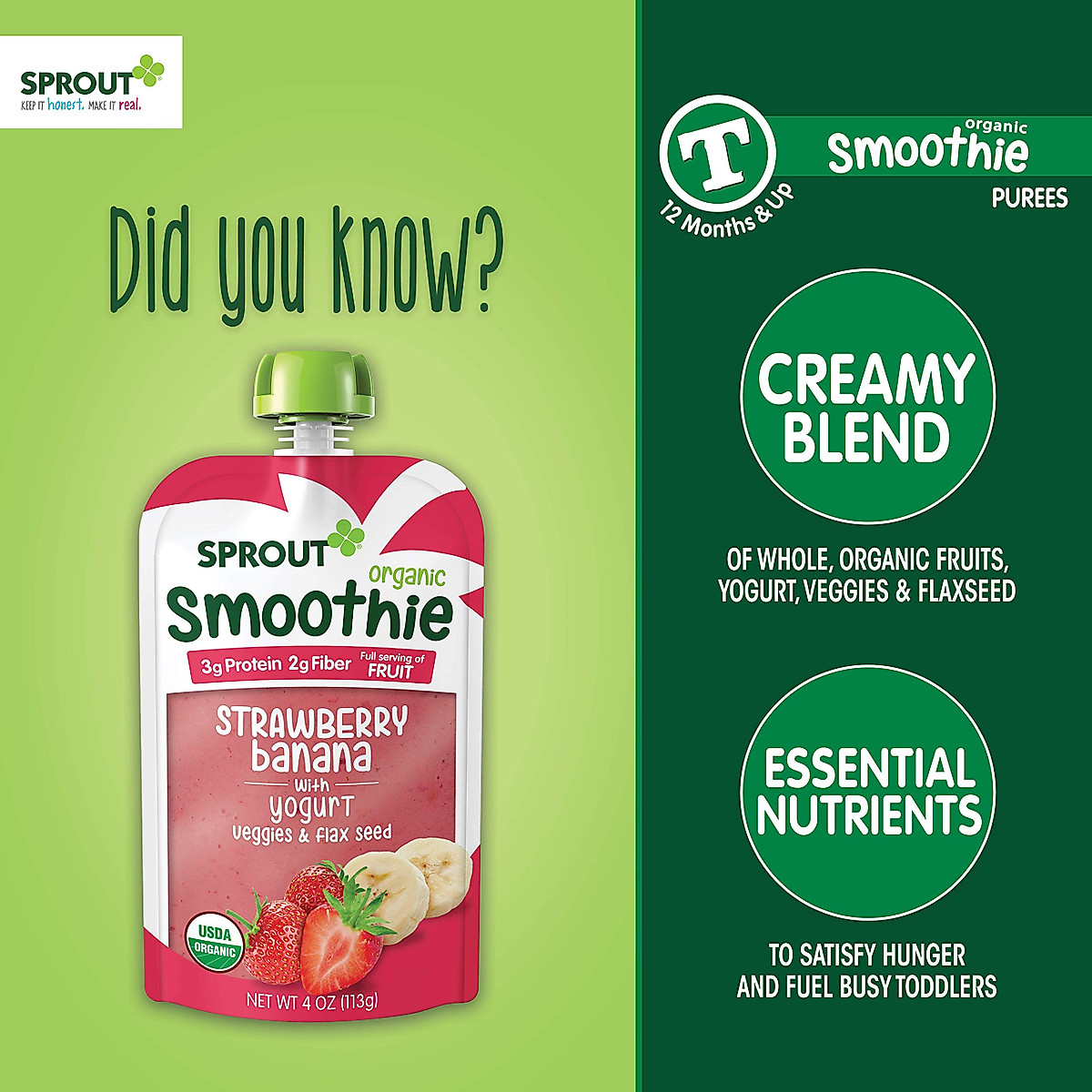 Sprout Organic Toddler Smoothie, Strawberry Banana w/ Yogurt, 4 Ounce Pouch (Pack of 6)
