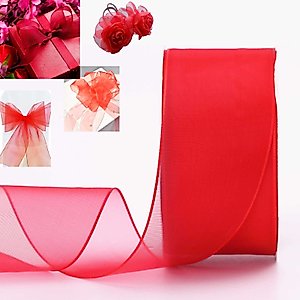 GAKA Red Organza Wired Sheer Ribbon 1.5 inch for Gift,Floral,Craft Decoration, 50 Yard Roll