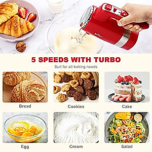 Bear Hand Mixer Electric, 5 Speed with Turbo Powerful Electric Hand Mixer with Storage Base, 4 Stainless Steel Accessories, Easy Eject, Red Mixer Electric Handheld for Whipping Dough Brownies Cream Cake & Cookies