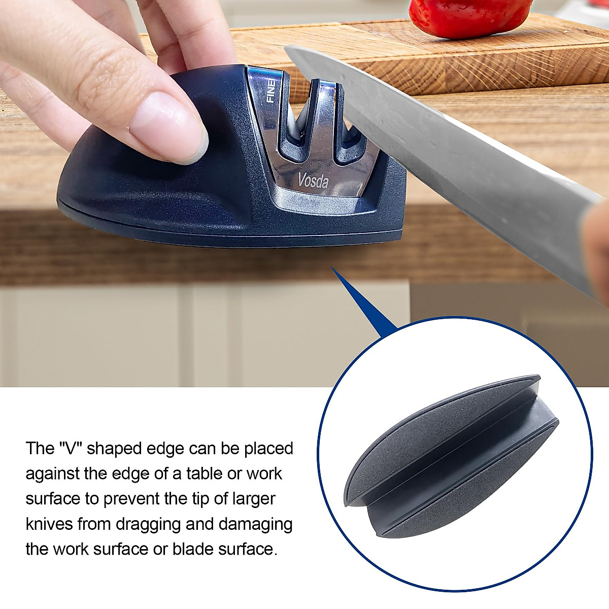 Vosda Knife Sharpener, 2-Stage Coarse & Fine Kitchen Knife Sharpener Tool, Black Afilador De Cuchillos, Scissor Pocket Knife Straight Knives Professional Sharpening Tool, Non-Slip Base