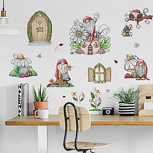 Mfault Spring Summer Garden Gnomes Daisy Flower Wall Decal Sticker, Farmhouse Mushroom Bird Nursery Decoration Kids Bedroom Living Room Art, Neutral Ladybug Butterfly Tree Branch Home Kitchen Decor