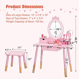 BRINJOY Kids Vanity Set with Light, Wooden Princess Vanity Table with Mirror & Stool & Jewelry Rack & Storage Board, Children Make Up Beauty Dressing Table for Girls Ages 3+