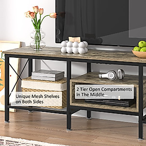 VECELO Industrial TV Stand for 65 Inch Television Cabinet 3-Tier Console with Open Storage Shelves, Entertainment Center Metal Frame for Living Room, Bedroom, 55 Inch, Grey