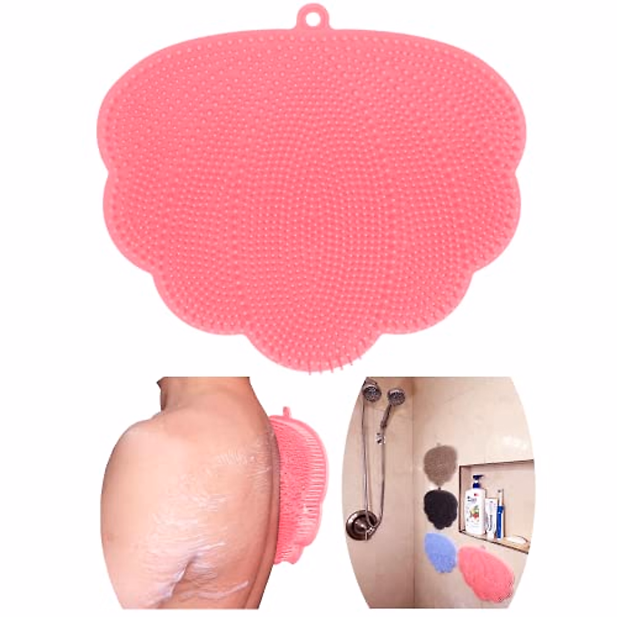 WeUse OurBSHF Back Scrubber Hands-Free for Shower. Easy to Clean Big Flat Silicone Back Washer Foot Massager Body Brush Replace Loofah Sponge. Stick to Wall to Scrub, Hang on Hook to Dry (Pink)