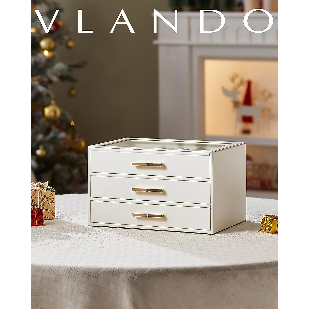 Vlando Jewelry Box for Women, Glass Lid Jewelry Organizer with 3 Drawers for Necklaces Rings Earrings Bracelets Christmas Gift - White