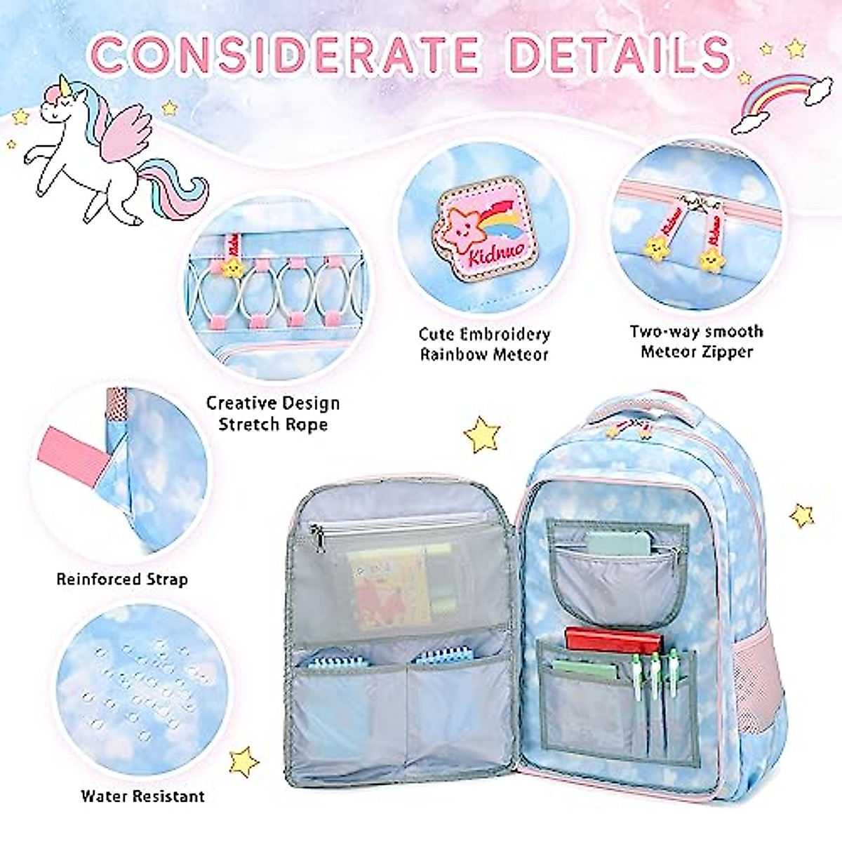 KIDNUO Girls Backpack 15.6 Inch Laptop School Bag Cute Kids Kindergarten Elementary Backpacks Middle Schoolbag Large Bookbags for Women Teens Students Anti Theft Travel Daypack (Blue)