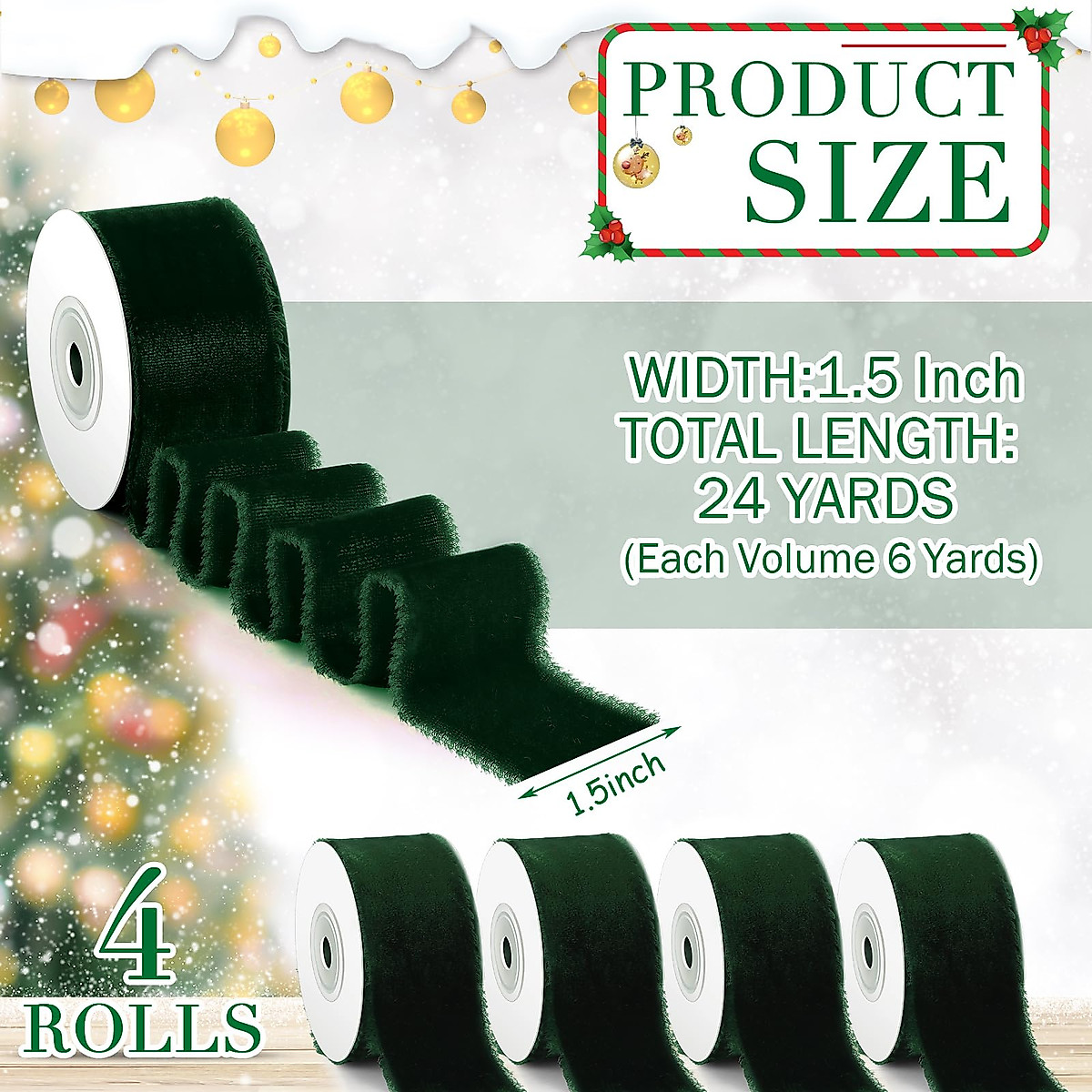 Preboun 4 Rolls Velvet Ribbon for Gift Wrapping 24 Yards Total Frayed Edge Velvet Silk Ribbon for Valentine's Day Wedding Baby Shower DIY Crafts Decor(Dark Green,1.5 Inch)