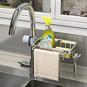 EVGATSAUTO Hanging Faucet Drain Rack, Multipurpose Sink Keep Organized Faucet Storage Rack Space Saving Aluminum with Towel Rack for Kitchen (Silver)