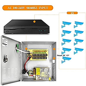 WEILAILIFE CCTV Power Supply Box, 9 Channel 12V 5A DC Distributed Power Supply Box, AC Plug Cord & Key Lock, Output AC to DC for Security Camera System, DVRs, IP Cameras, CCTV Cameras