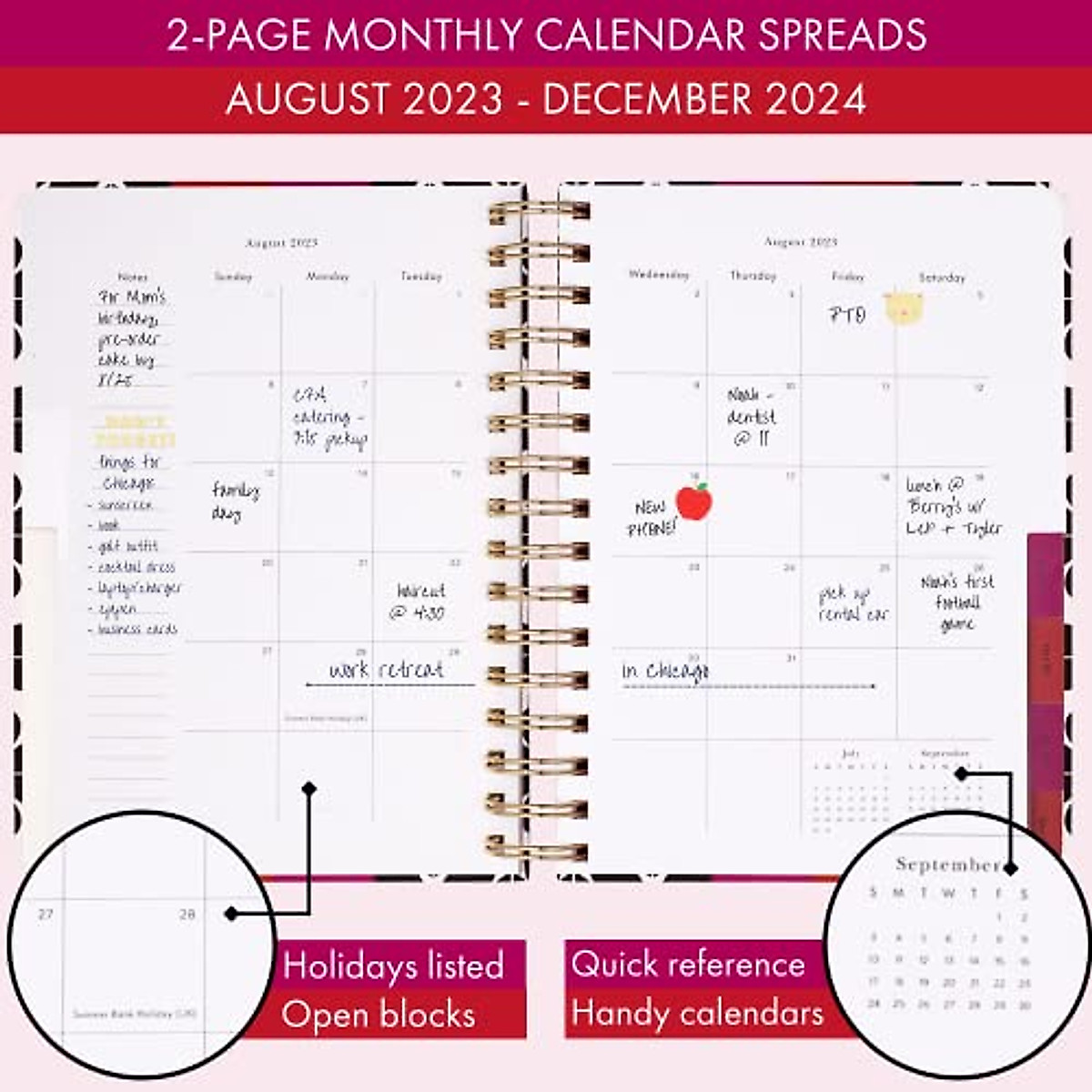 Kate Spade New York Daily Planner 2023-2024, Mega Planner August 2023 - December 2024, Hardcover Spiral Planner, Weekly Planner with Monthly Calendar, Stickers, & Pockets, Black Spade Flower
