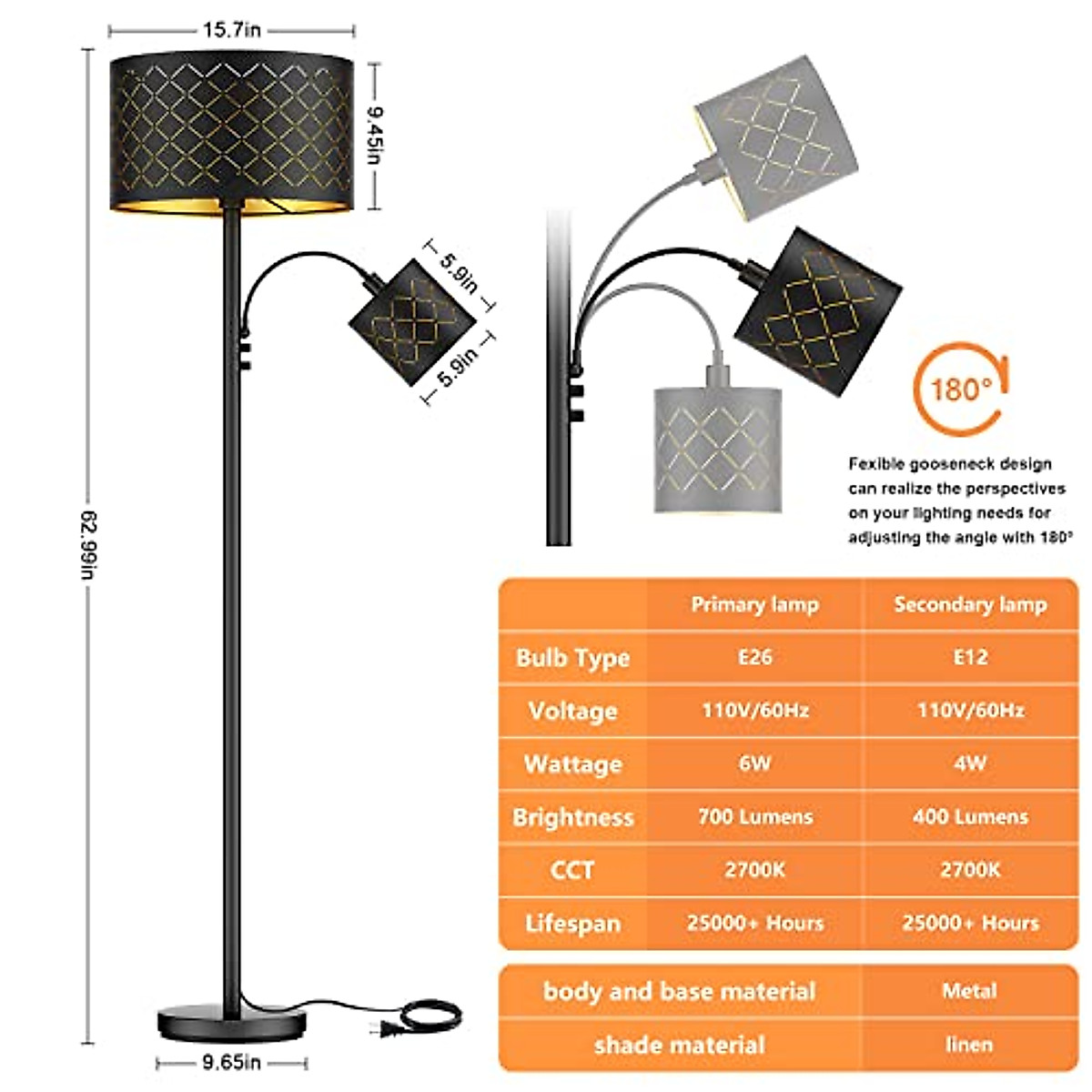 oachnat Modern Floor Lamp - Two Lampholders Light,Stable Base Quality lampshade and Independent Toggl Switch Lamp for Living Room and Bedroom,Bulb Included (Black)