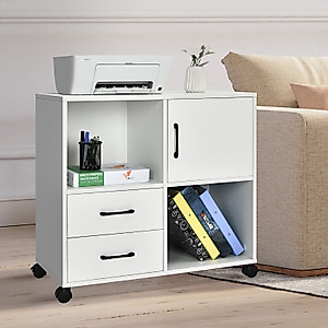 Giantex Printer Stand Under Desk - Mobile File Cabinet with 2 Drawers, Lateral Cabinet, 2 Open Compartments, Lateral Rolling Filing Cabinet on Wheels for Home & Office Use Printer Table (White)
