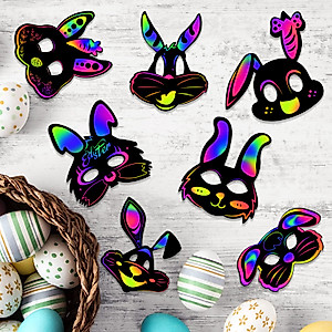 Easter Mask Craft Kit, 54 Pcs Scratch Art for Kids, Kids Magic Rabbit Masks, Scratch Paper Animal Masks with 18 Wood Stylus, DIY Rainbow Scratch Art Masks for Halloween, Animal Birthday Party