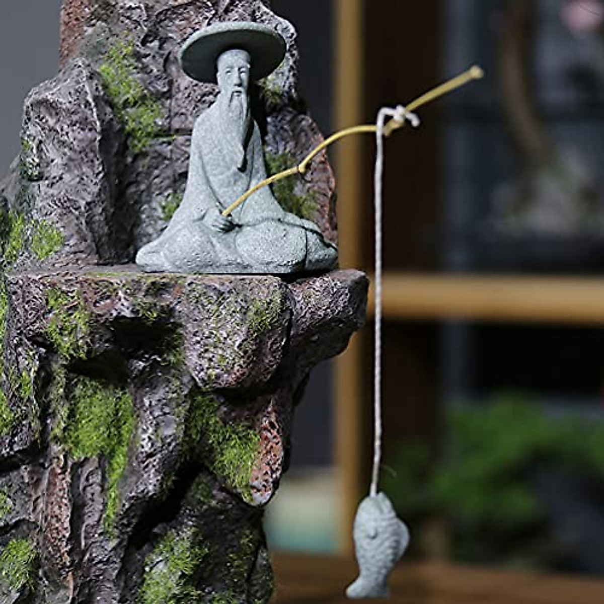 2Pcs Mini Fisherman Figurines Ceramics Chinese Mudman Sitting Fishing Garden Statue for Micro Pot Flower Vase Aquarium Decorations Asian Decor for Zen Garden, Gray, 4.5x4cm (17P5SY00210913VJ)