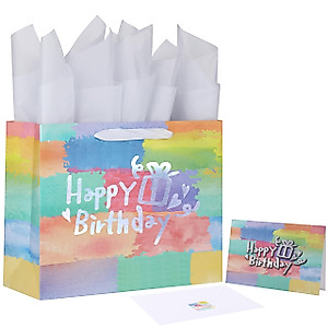 13" Large Colorful Gift Bag Set with Greeting Card and Tissue Papers (Laser Foil 'Happy Birthday’) for Women's or Men's Birthday Party, Boys', Girls', or Kids' Parties, Baby Shower - 13”x5.2”x10.2”, 1 Pcs.