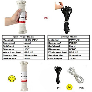 COCONUT Sun Shade Sail Flagpole Heavy Duty Outdoor UV Block 100% Polyester Braided White Long Rope 1/4 Inch 50 Feet