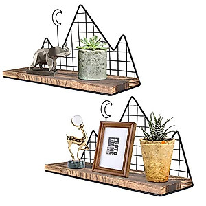Homode Floating Shelves, Set of 2 Mountain Wall Shelves, Rustic Wood Display Storage Shelf with Metal Wire, Geometric Decor for Bathroom, Nursery, Bedroom, Office