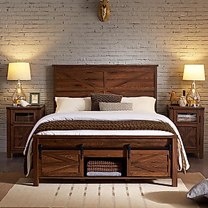 JXQTLINGMU Farmhouse Wood Bed Frame Full Size with Sliding Barn Door Storage Cabinets and Headboard, Solid Wood Slats Support, Noiseless, No Box Spring Needed, Brown