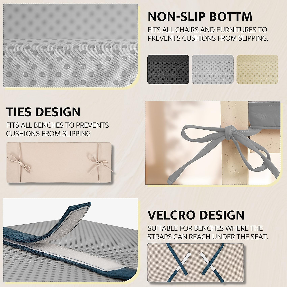 mudilun Custom Cushion Covers Replaceable Water Proof Bench Cushion Cover with Ties/Anti-Slip Bottom/Piping Patio Cushion Covers 100+Colors (Custom Size)