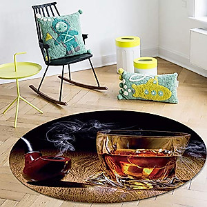 Round Area Rug 5' Diameter Non-Slip Throw Rugs Floor Carpet Wine Whiskey Glasses and Cigars Pattern Indoor Floor Area Mat for Living Room Sofa Bedroom Nursery Decor