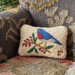 Chandler 4 Corners Artist-Designed Bluebird and Berries Hand-Hooked Wool Decorative Throw Pillow (8” x 12”) Wildlife Pillow for Couches & Beds-Easy Care, Low Maintenance Nature & Bird Pillow