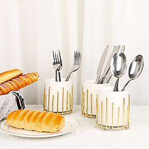 JUXYES Pack of 3 Ceramic Silverware Holder for Party, White Cutlery Holder Holder With Golden Metal Bracket, Small Flatware Caddy Organizer Utensil Holder for Kitchen Countertops Dining Tables