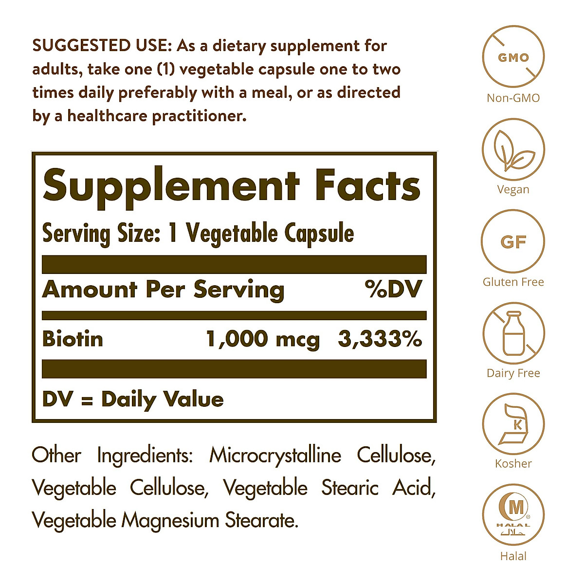 Solgar Biotin 1000 mcg, 250 Vegetable Capsules - Supports Healthy Skin, Nails & Hair - Energy Metabolism - Enhanced Potency - Non-GMO, Vegan, Gluten Free, Dairy Free, Kosher, Halal - 250 Servings