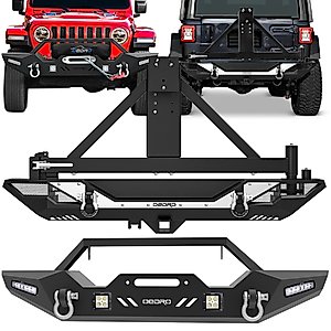 OEDRO Front & Rear Bumpers w/Tire Carrier Compatible for 2018-2025 Jeep Wrangler JL & Unlimited JLU (2/4 Doors), Full Width Back Bumper w/ 4 x LED Lights & Hitch Receiver & D-Rings & Reflective Armor