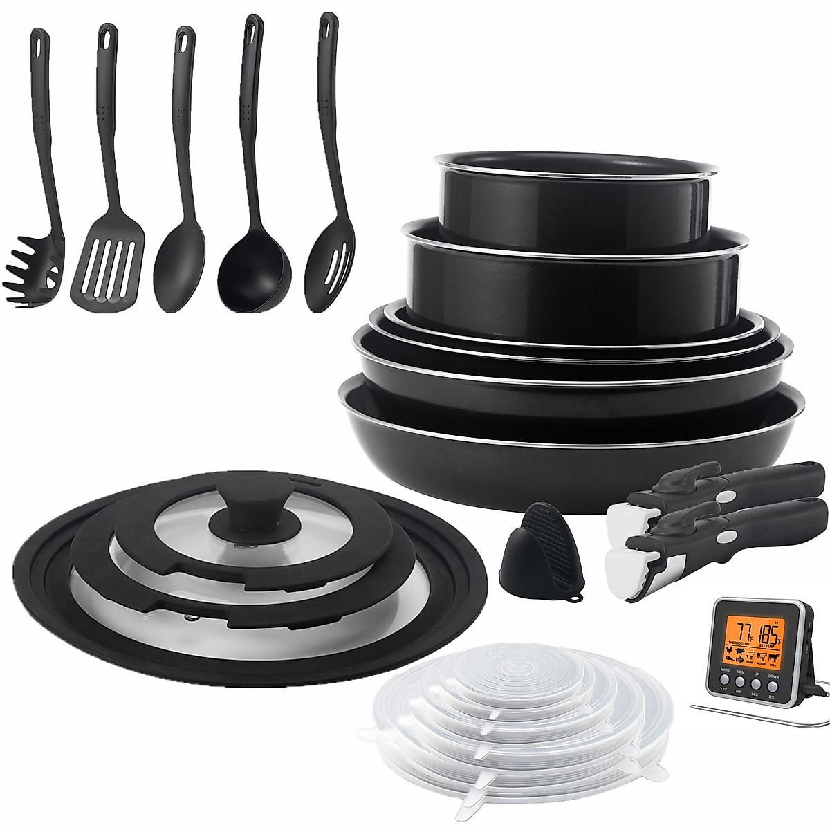 lzteck 24 Pieces Non-Stick Cookware Set with Meat Thermometer,Stackable Pans and Pots Set, Removable Handles Cookware set, for RVs and Camping,Induction,Dishwasher Safe