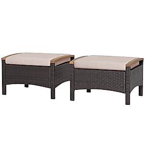 RELAX4LIFE Outdoor Wicker Ottomans for Patio - 2 Pieces PE Rattan Ottoman, Footrest Seat with Zippered Cushions, Acacia Wood Handles, 3-in-1 Footstool, Side Table for Poolside, Backyard (Brown)