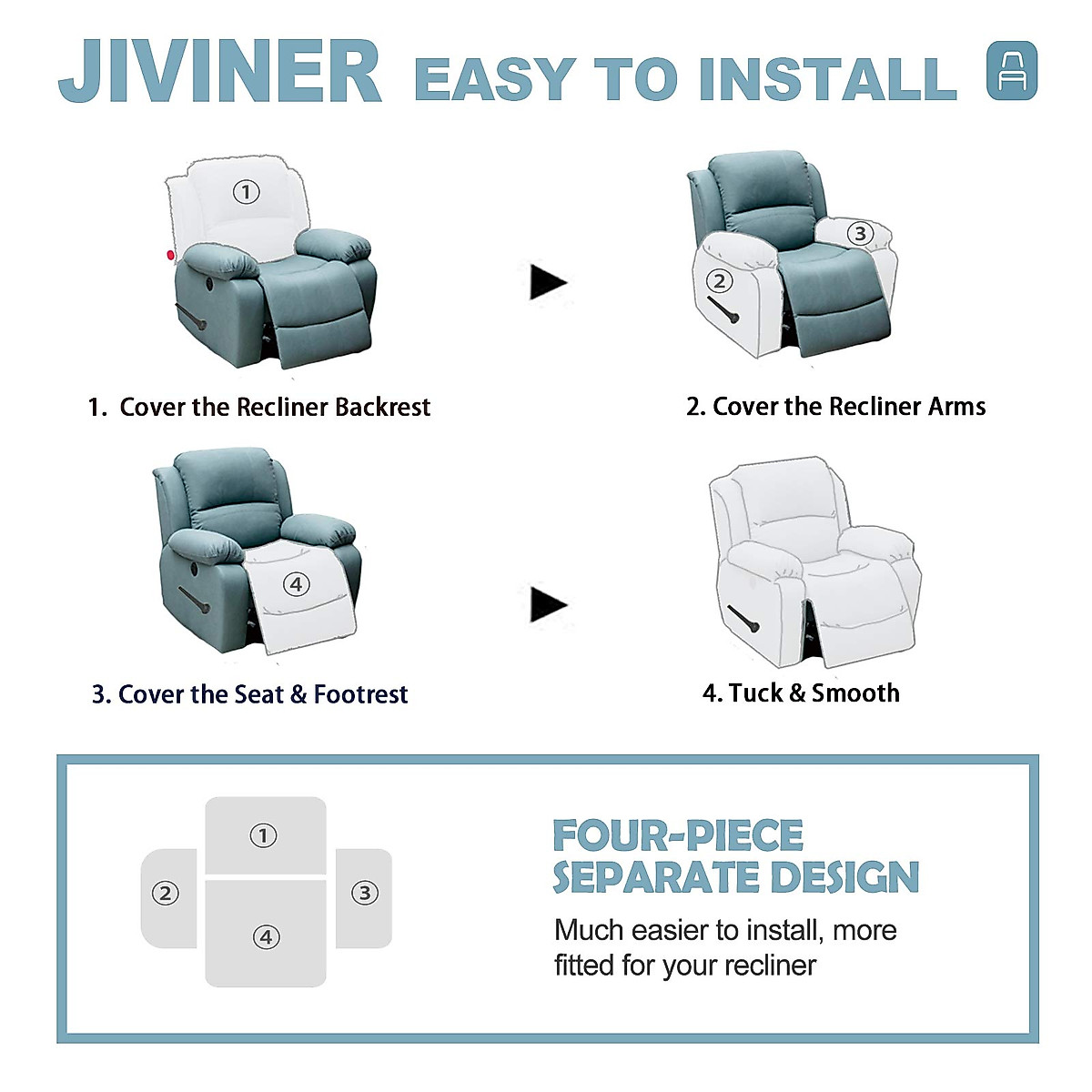 JIVINER Super Stretch Recliner Chair Covers 4 Pieces Sofa Slipcover for Reclining Chair Spandex Soft Recliner Slipcover with Pockets Recliner Furniture Protector (Recliner, Chocolate)
