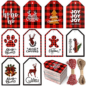 Christmas Gift Tags 100PCS Buffalo Plaid Paper Tags Red and Black Plaid Hang Labels with 65 Feet Jute Twine for Christmas Holiday Present Wrapping Decorations