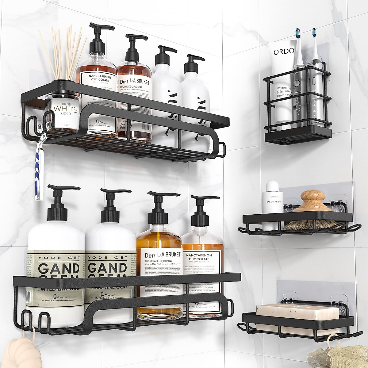 YASONIC Adhesive Shower Caddy, 5 Pack Shower Organizer with Soap Holder - No Drilling, Rustproof Shower Shelves, Shower Organizers and Storage for Inside Shower, Black