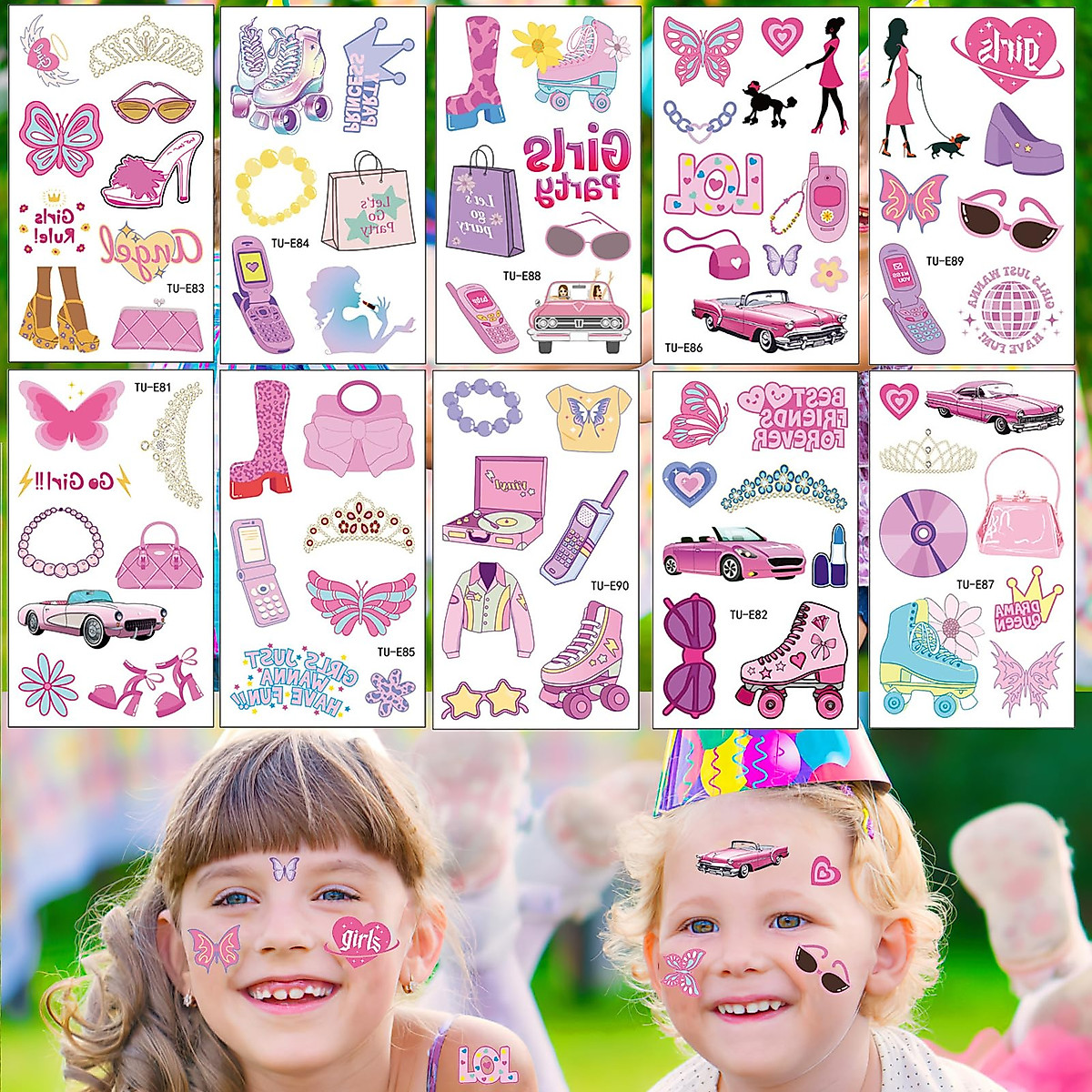 Qpout 154Pcs Pink Temporary Tattoos for Girls Cute Pinkish-purple Princess Themed Face Fake Tattoos Stickers for Pink Birthday Party Supplies Decorations Favors,20 Sheets