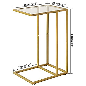 YMYNY C-Shaped End Table, Tempered Glass Sofa Side Table, nightstand for Small Place,Coffee Table for Hallway Office Bedroom Living Room, Metal Frame, Gold, 24.8 * 15.75 * 11.8" UHGD001G