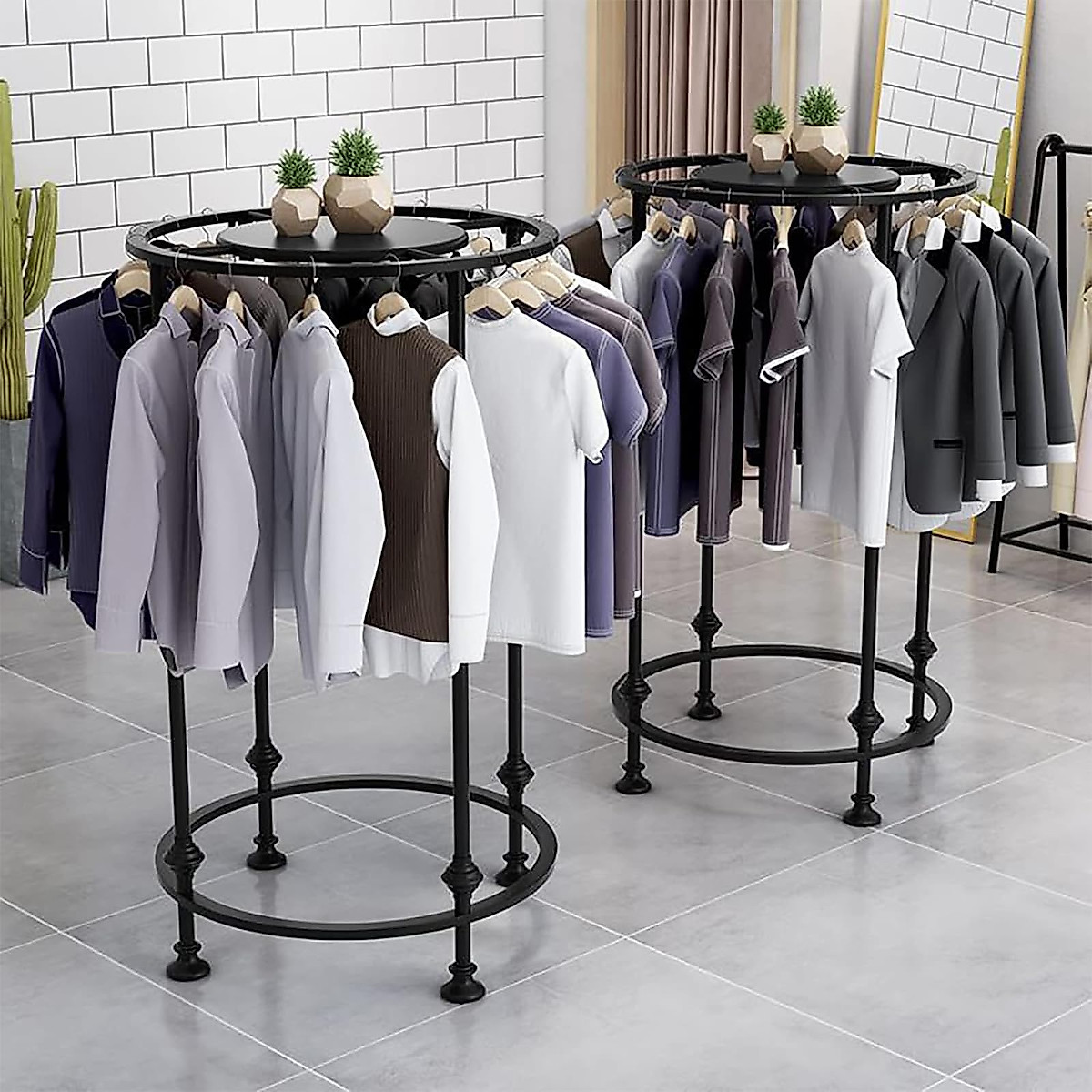 ZOUXIKOU Freestanding Round Garment Display Retail Rack, Floor-Standing Double Space Multi-Purpose Metal Shelf for Clothes Storage, Commercial Clothing Organizer in Retail Boutiques and Bedroom