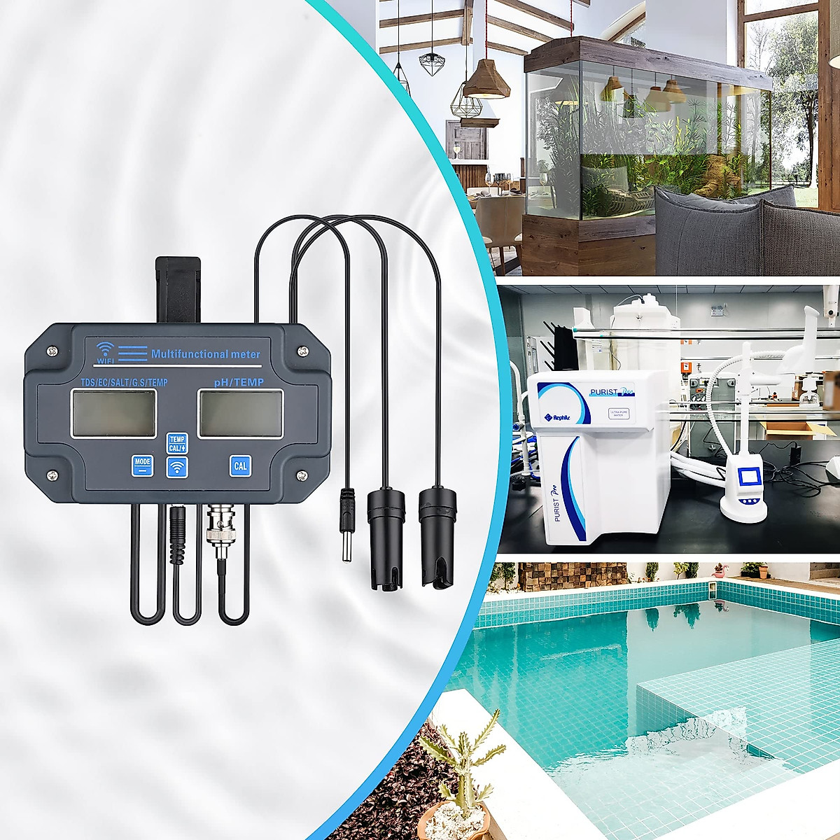 Yescom Water Quality Tester 6 in 1 Multi-Parameter Test Meter PH/EC/Salt/TDS(PPM)/Temp/S.G Analyzer Wall-Mount Rechargeable