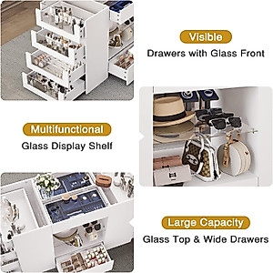 LIVAUVEAD Closet Island with Drawers, Wardrobe Armoire Bedroom Island, Glass Display Shelf & 12 Drawers, White Dresser with Glass Top, Walk-in Closet Island for Bedroom, Cloakroom