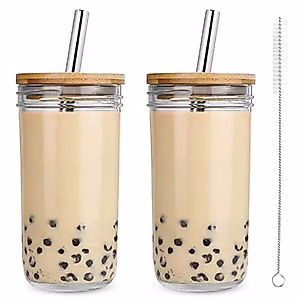 24oz Tumblers with Lids and Straws, Reusable Water Bottle, Glass Cups with Bamboo Lid and Straw Set, Iced Coffee, Bubble Tea, Smoothies