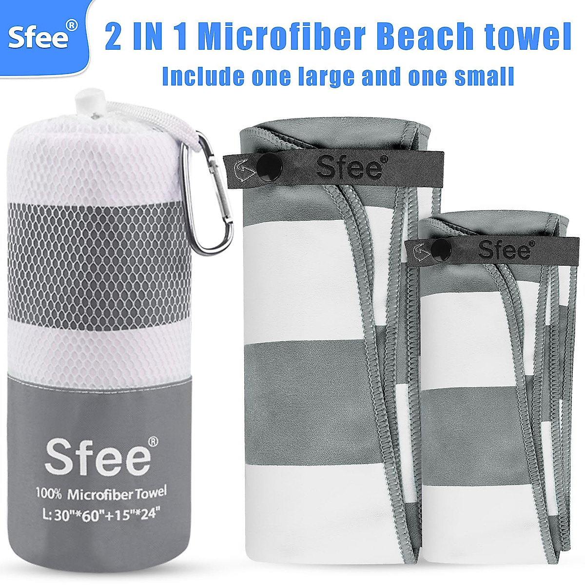 Sfee 2 in 1 Microfiber Beach Towel, Quick Dry Towel Camping Towel Travel Towel Super Absorbent Compact Lightweight Sports Towel Gym Towel Set for Beach, Gym, Hiking, Pool, Backpacking, Bath, Yoga