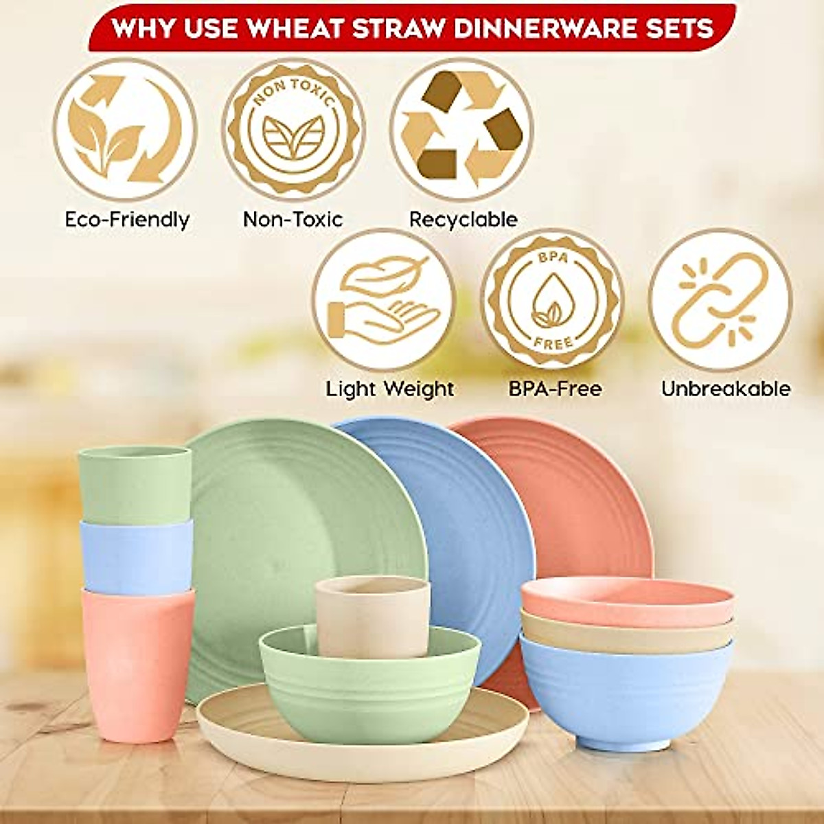 GATO Wheat Straw Dinnerware Sets (12pcs) - Microwave Safe, Eco-Friendly & Reusable Dinnerware Set for Kids, Adults - Includes Unbreakable, Dishwasher Safe Plates, Bowls, & Cups - Multicolor Design