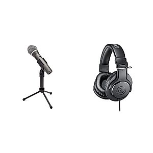 Samson Technologies Q2U USB/XLR Dynamic Microphone Recording and Podcasting Pack, Silver & Audio-Technica ATH-M20X Professional Studio Monitor Headphones, Black