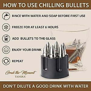 Whiskey Stones Large 6 Laser Engraved Stainless Steel Silver Bullets with Revolver Barrel Base Reusable Chilling Rocks Stone Ice Cubes Chillers Birth Day Gift Set for Father's Day, Military Man