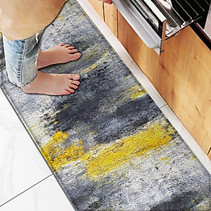 Subently 2PCS Yellow Ombre Kitchen Rugs Abstract Floor Runner Yellow and Gray Non-Slip Area Carpets Mustard Grunge Kitchen Mat Set for Farmhouse Bathroom Laundry 16" x 47"