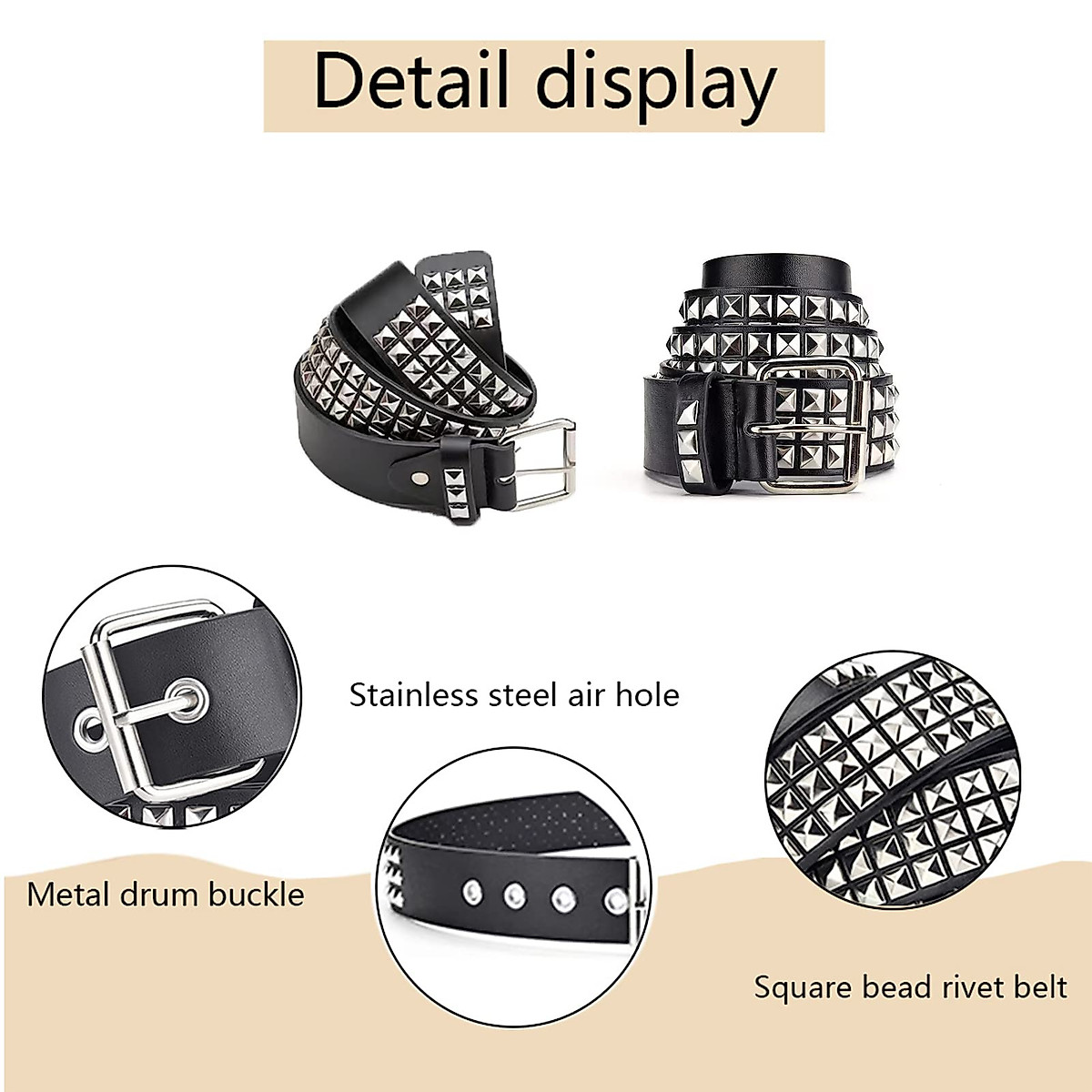 Studded Belt, 3 Row Metal Pyramid Silver Square Beads Punk Leather Belt, Gothic Punk Pants Jeans Belt for Women Men (Black) 110 x 3.8 cm