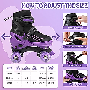SYXKJ Roller Skates for Girls 8 Wheels Light Up Fun Illuminating Kids Roller Skates Happy Childhood Kids Skates 4 Sizes Adjustable (Big Kids 1-4)